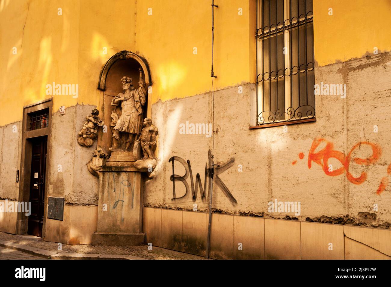 Arched corner nice with statue and cherubs in the Central Moravian city ...