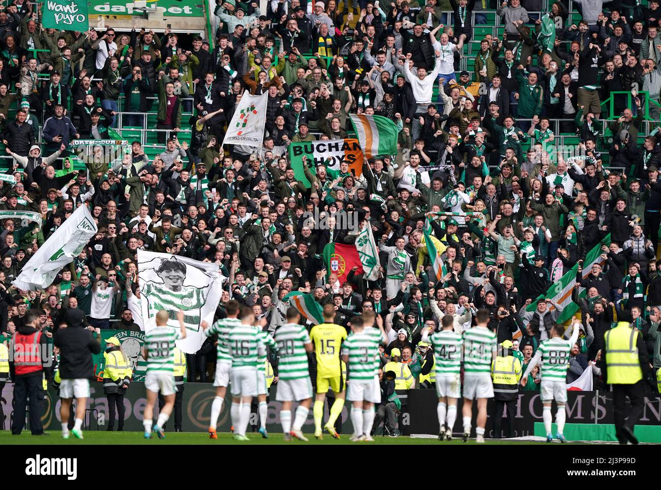 Celtic fans celebrate after the cinch Premiership match at Celtic Park ...