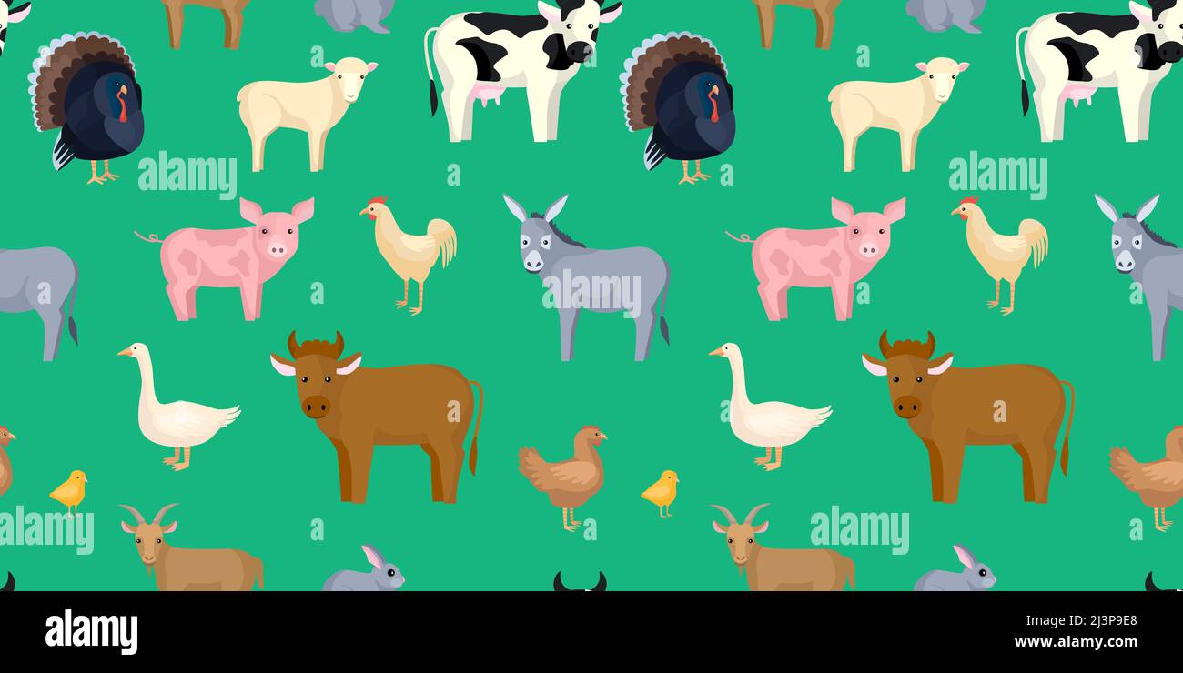 Livestock seamless pattern on white background. Farm birds and animals ...