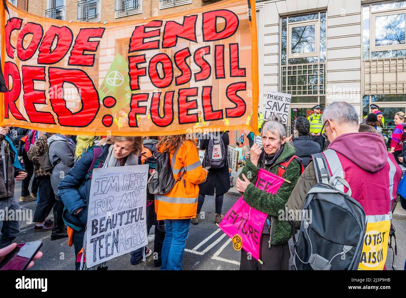 London, UK. 9th Apr, 2022. The march passes and pauses at the HQ of BP ...