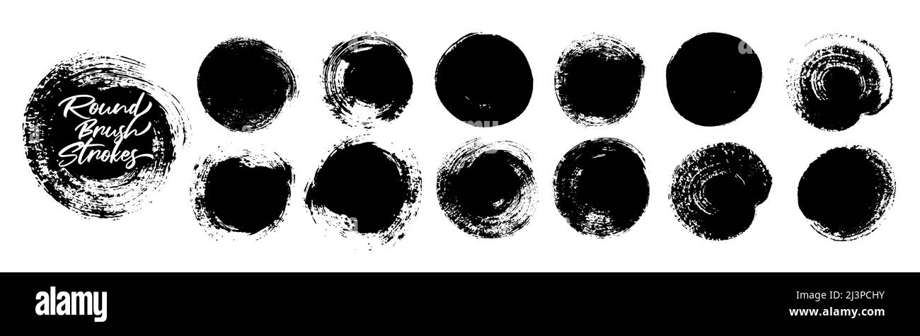 Brush strokes circle, set. Round shapes of black bold brush marks. Hand ...