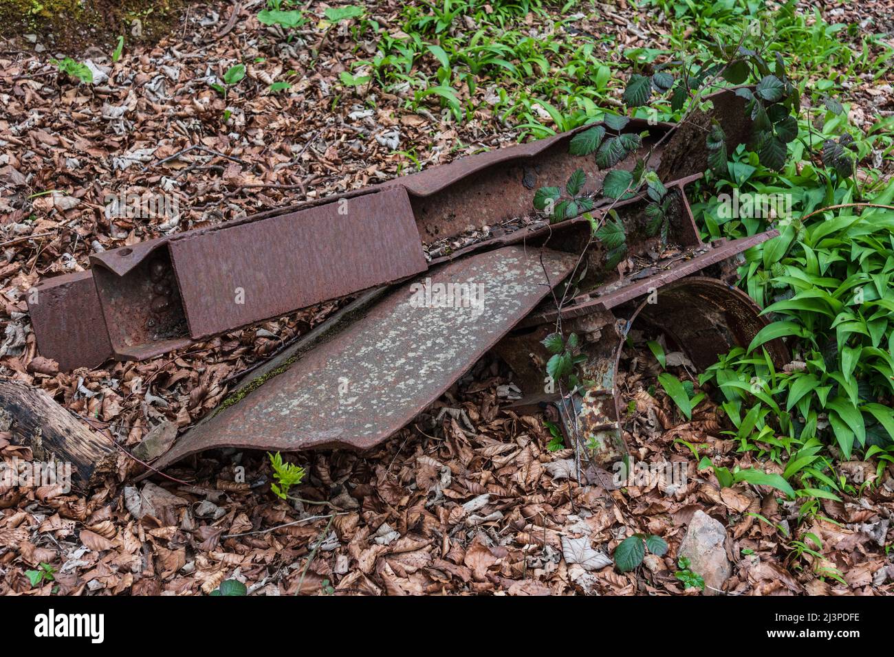 Rusting remains of a quarry railway truck, Radyr, Cardiff, Wales Stock ...