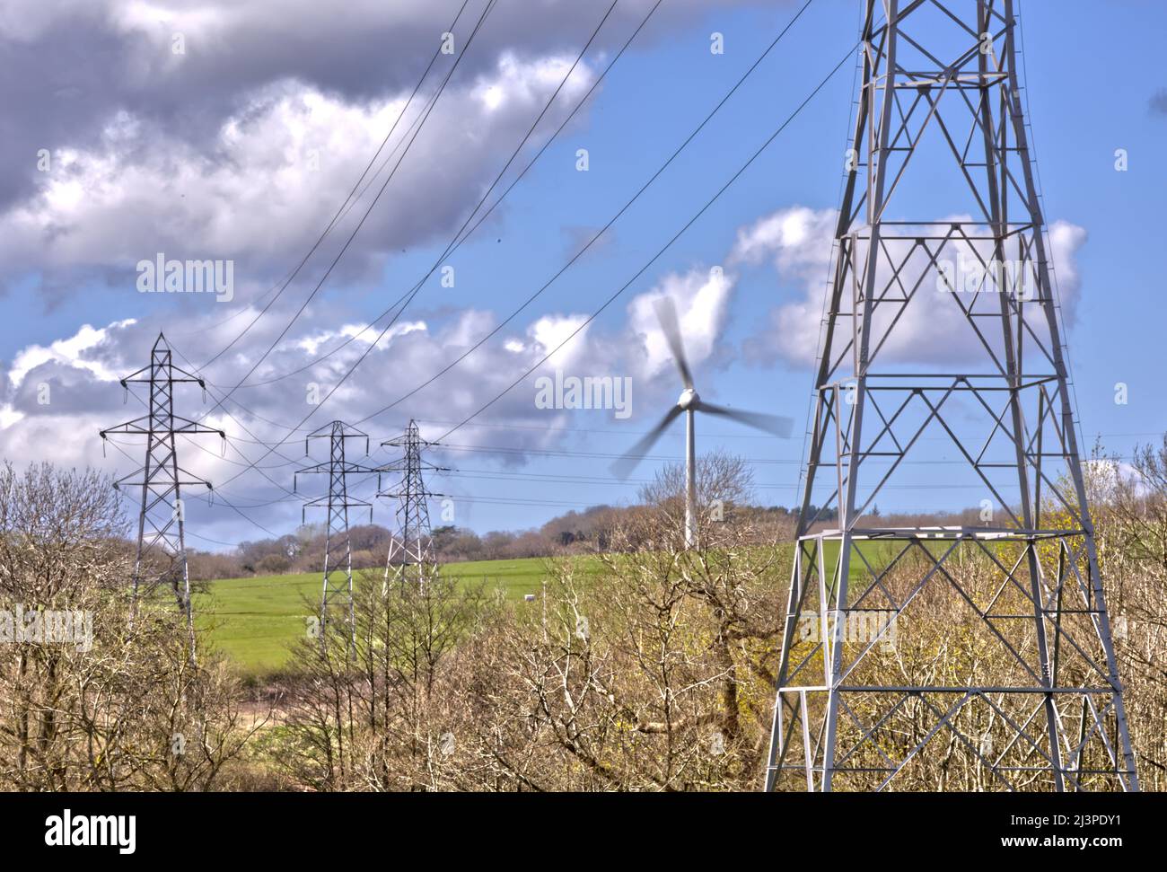 Power Generation and distribution, renewable wind turbines, overhead ...
