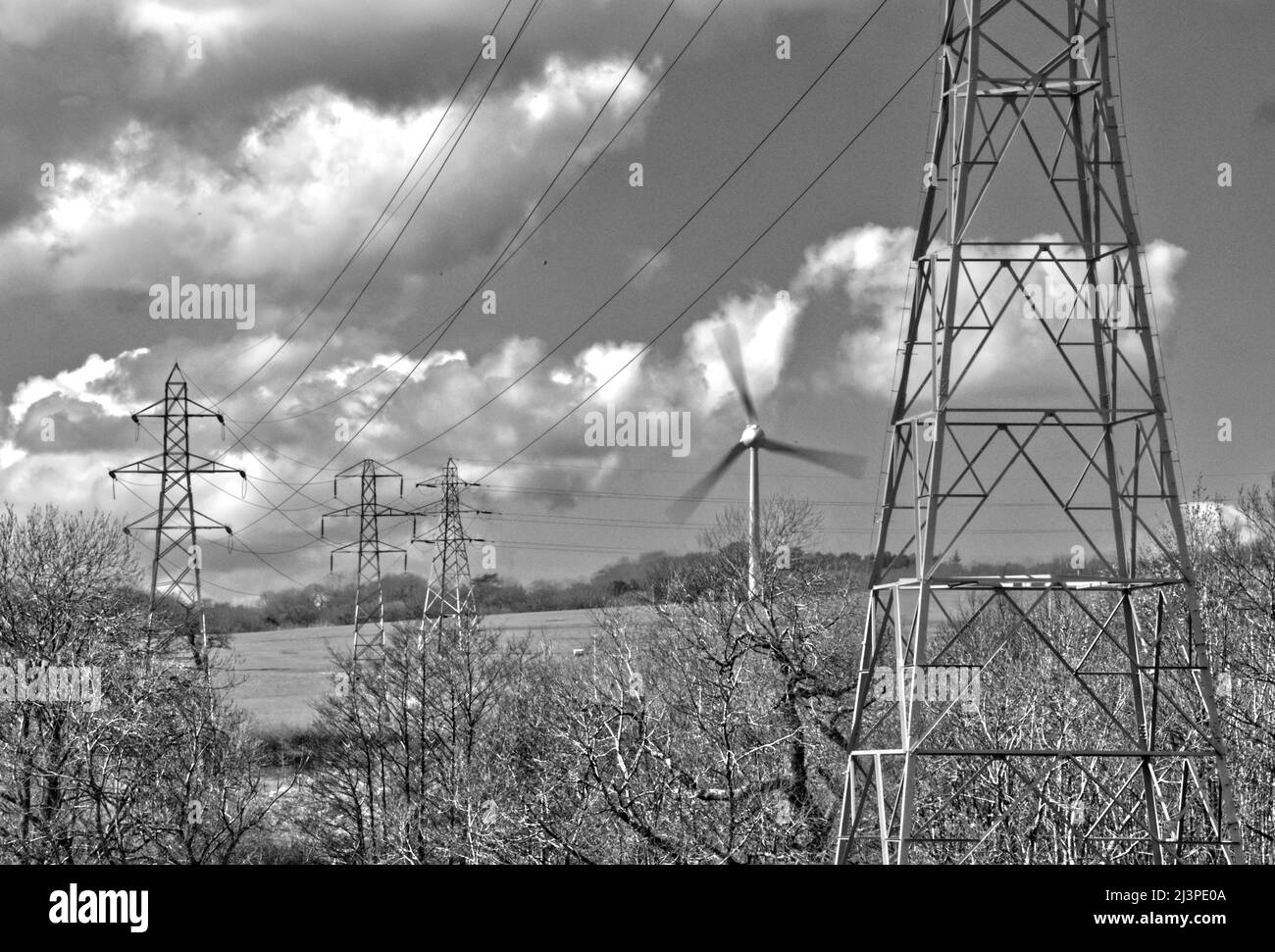Power Generation and distribution, renewable wind turbines, overhead ...