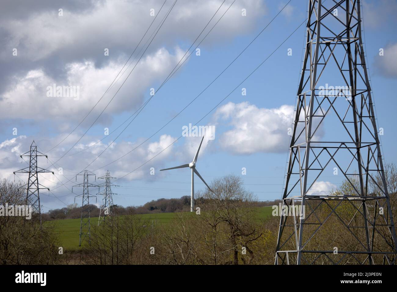Power Generation and distribution, renewable wind turbines, overhead ...