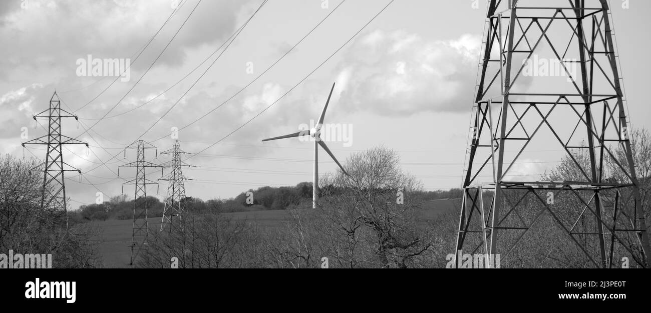 Power Generation and distribution, renewable wind turbines, overhead ...