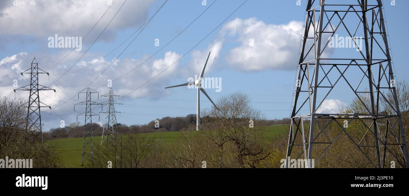 Power Generation and distribution, renewable wind turbines, overhead ...