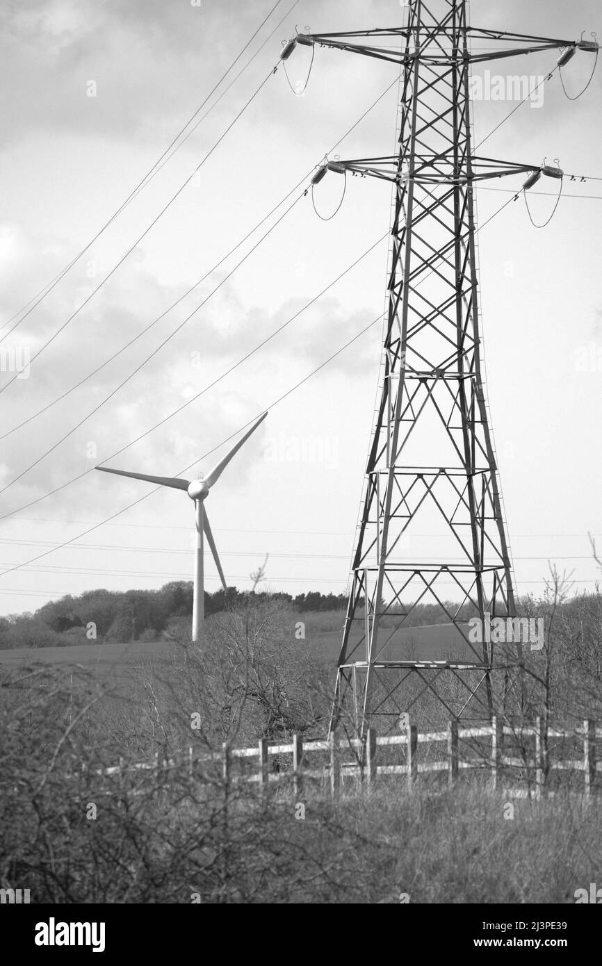 Power Generation and distribution, renewable wind turbines, overhead ...