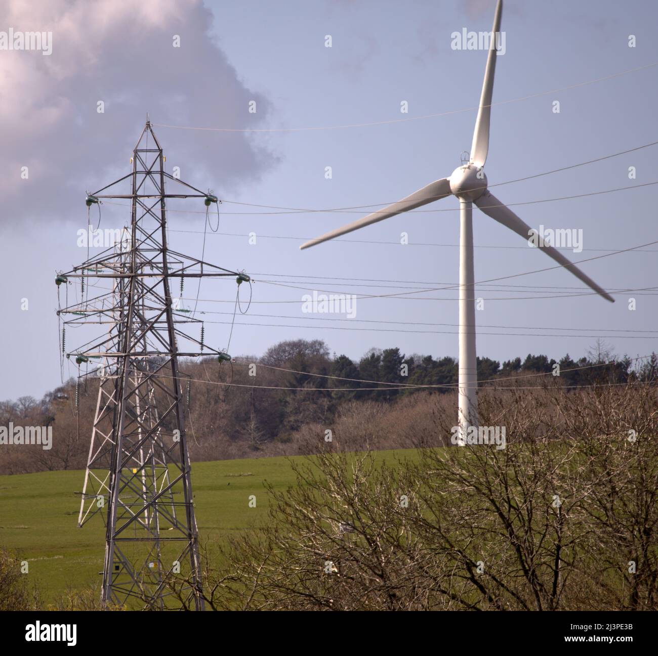 Power Generation and distribution, renewable wind turbines, overhead ...