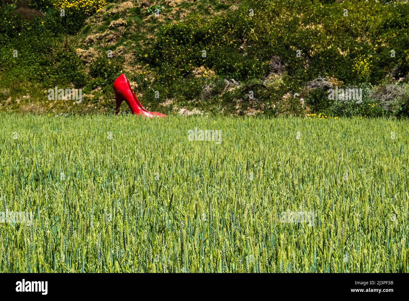 A red, larger than life, stiletto heel woman's shoe art installation in ...
