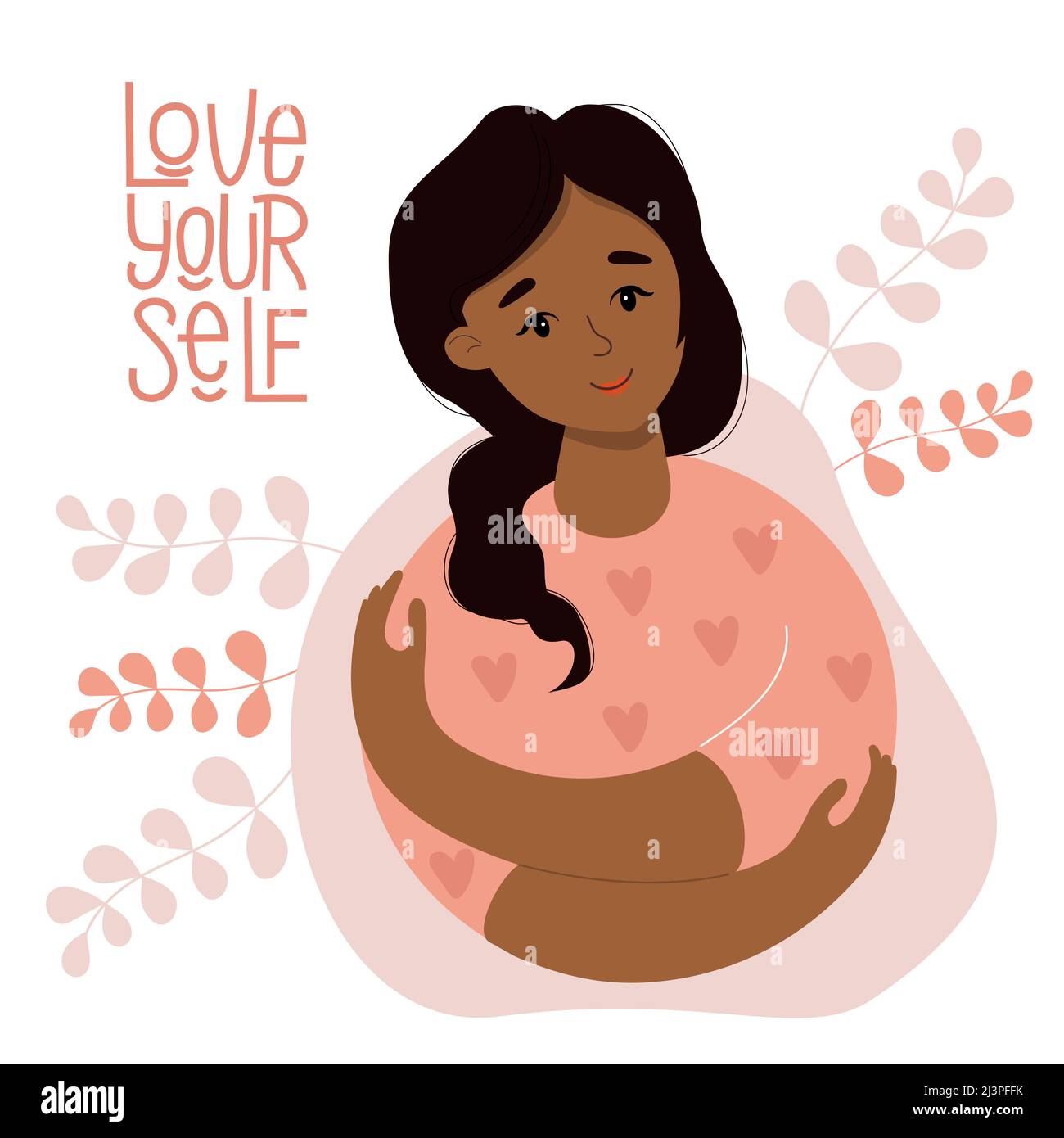 Card Love Yourself Beautiful Ethnic Woman Hugging Herself Vector