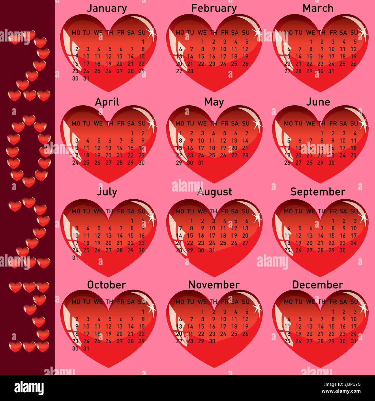 Stylish calendar with red hearts for 2023 Week starts on Monday Stock ...