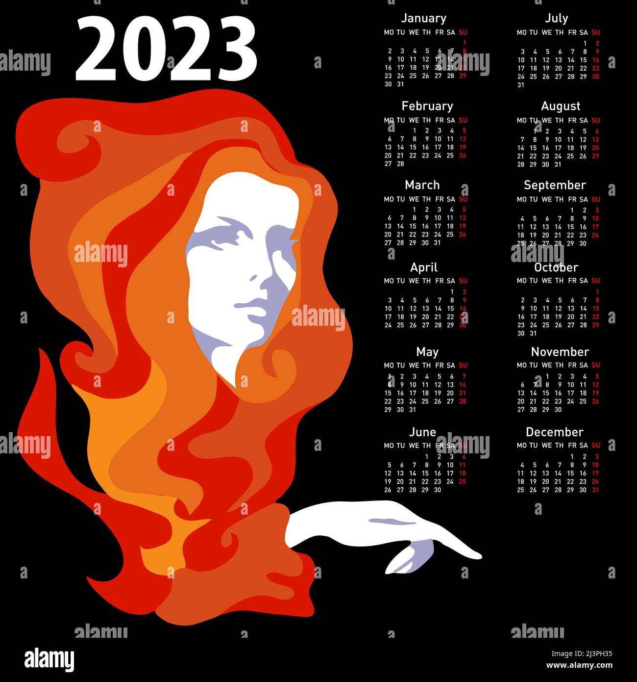 Stylish calendar with woman for 2023. Week starts on Monday Stock ...