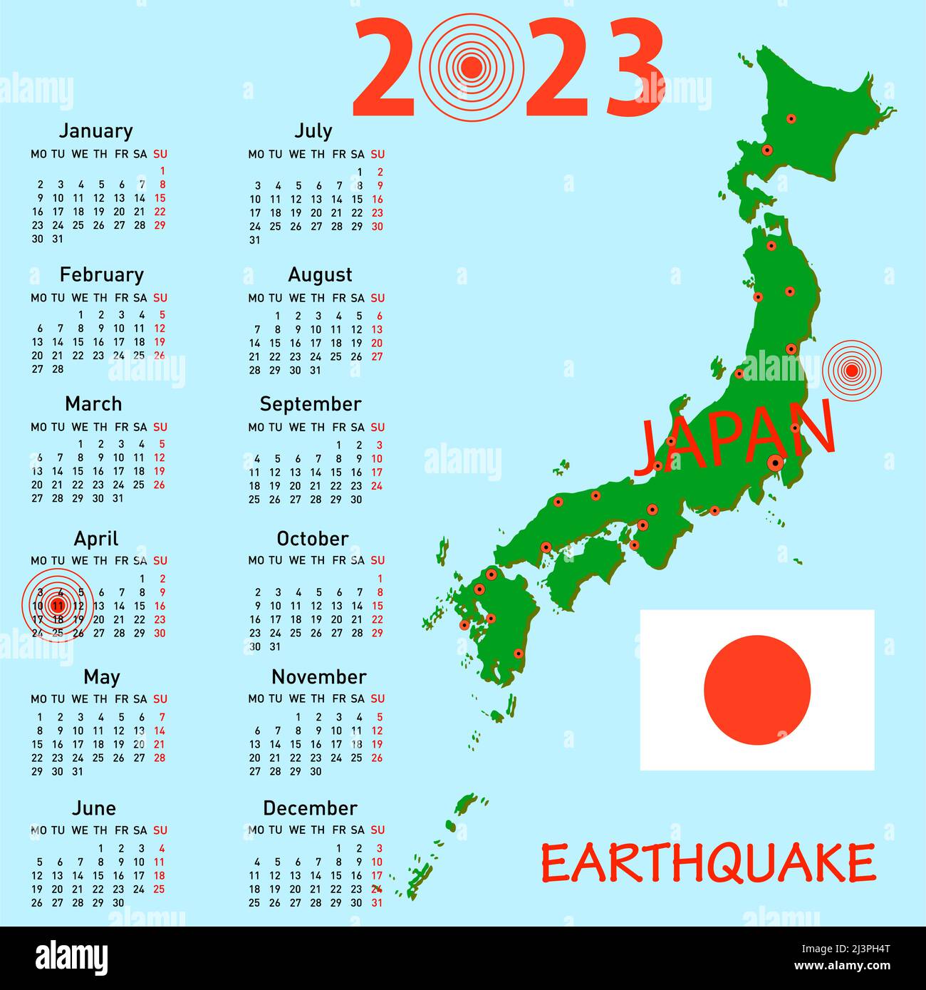 Calendar Japan map with danger on an atomic power station for 2023 ...