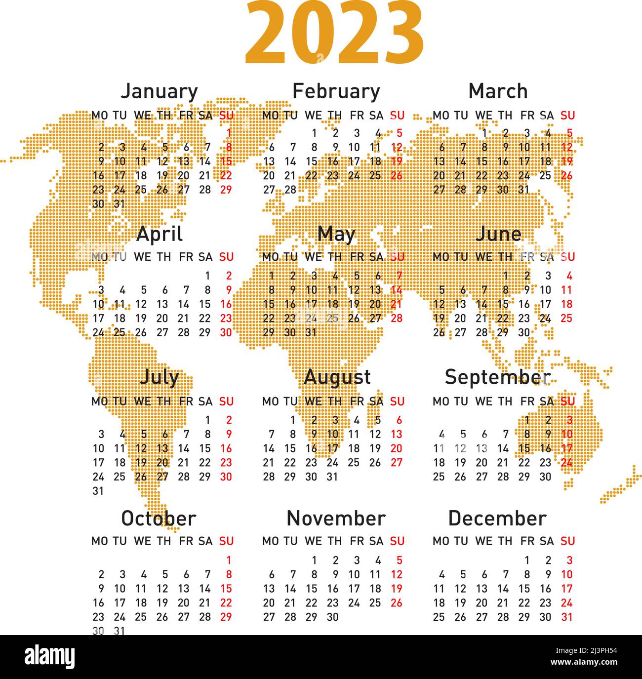 Calendar 2023 with world map. Week starts on Monday Stock Vector Image ...