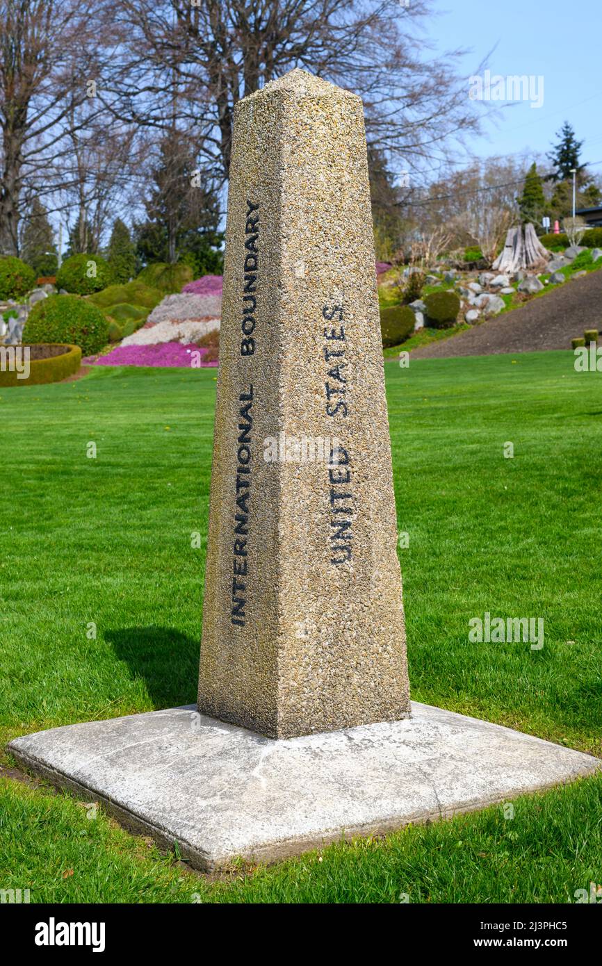 Blaine, WA, USA - April 06, 2022; International Boundary Marker Post ...