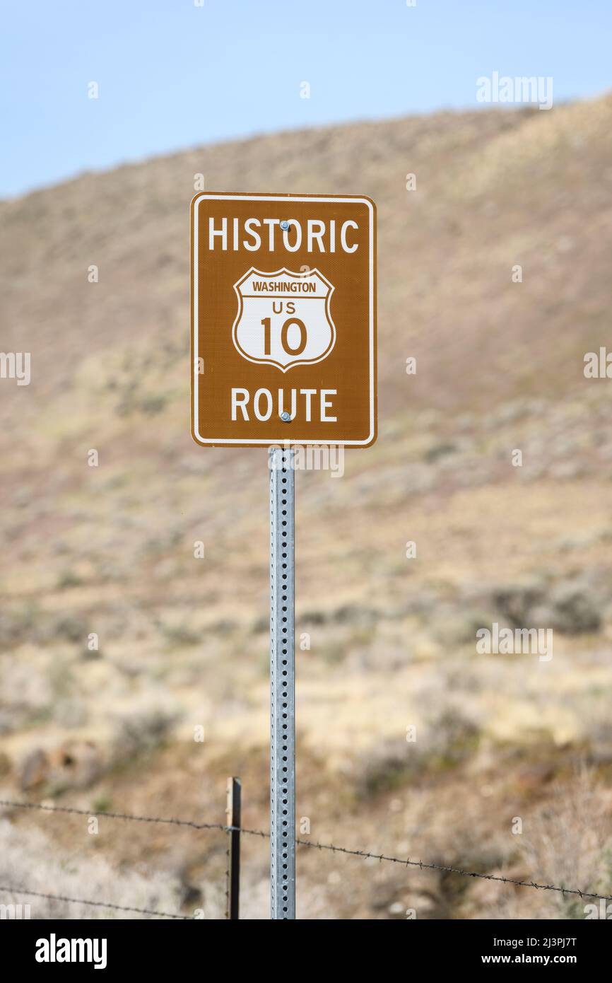 Sign for Historic US Route 10 in Washington State in brown and white in ...