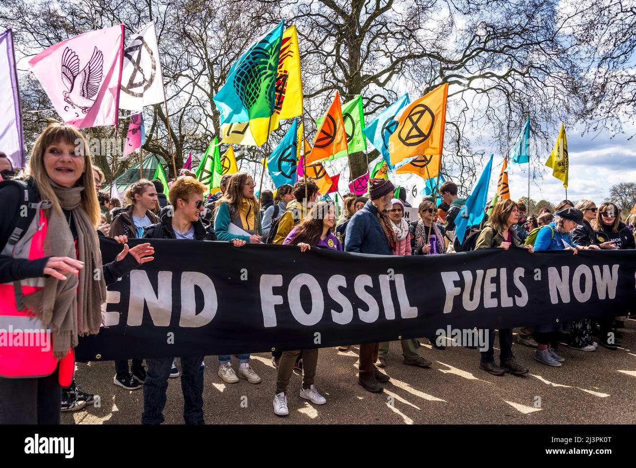 Banner calling for End of fossil fuels, We Will Not Be Bystanders, an ...