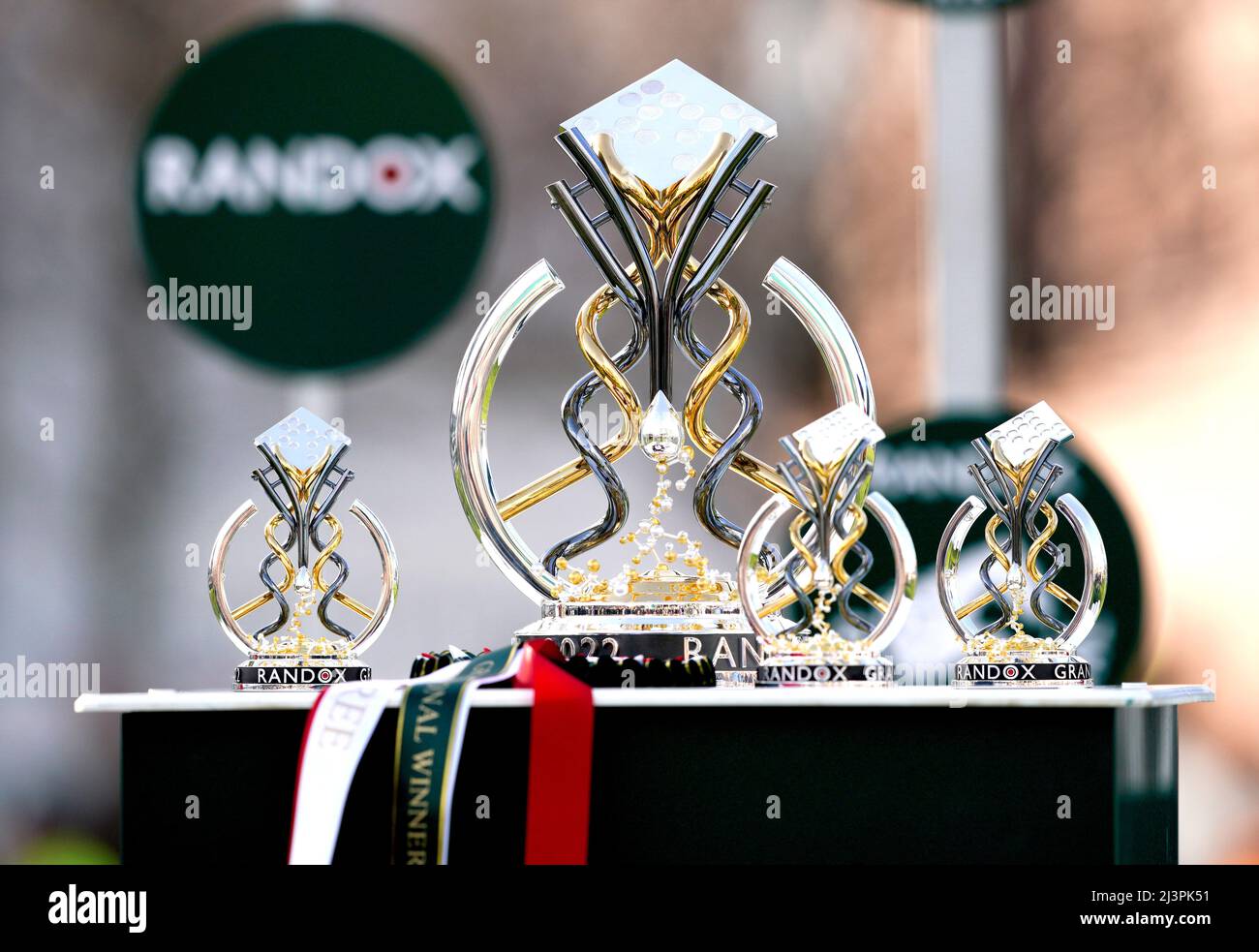 A general view of the Grand National trophy on display during Grand ...