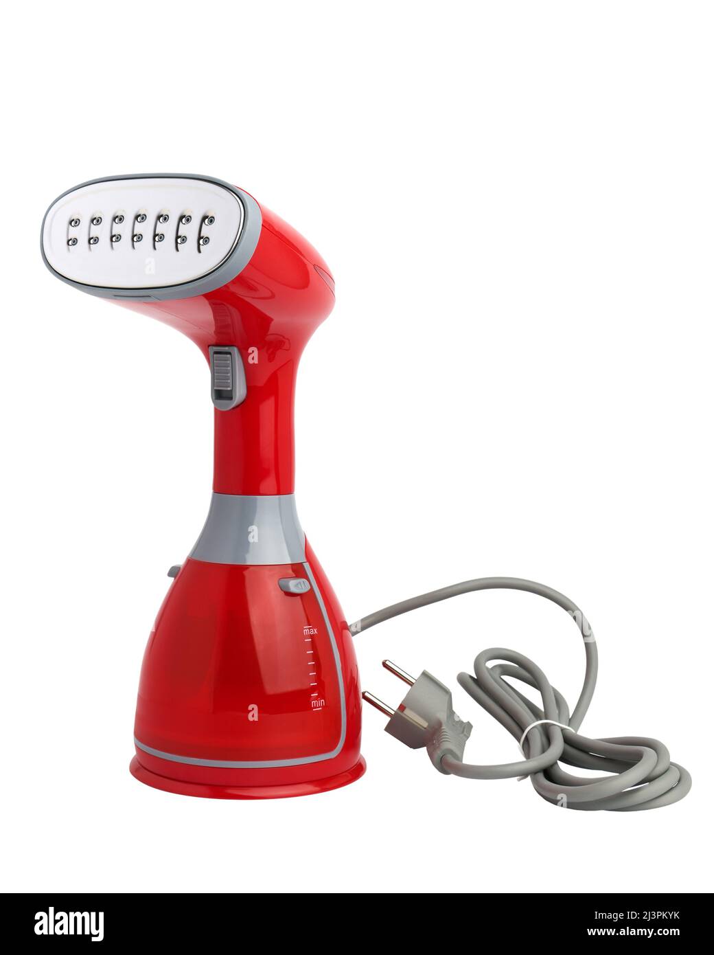 Modern household red plastic handheld steamer isolated on white ...
