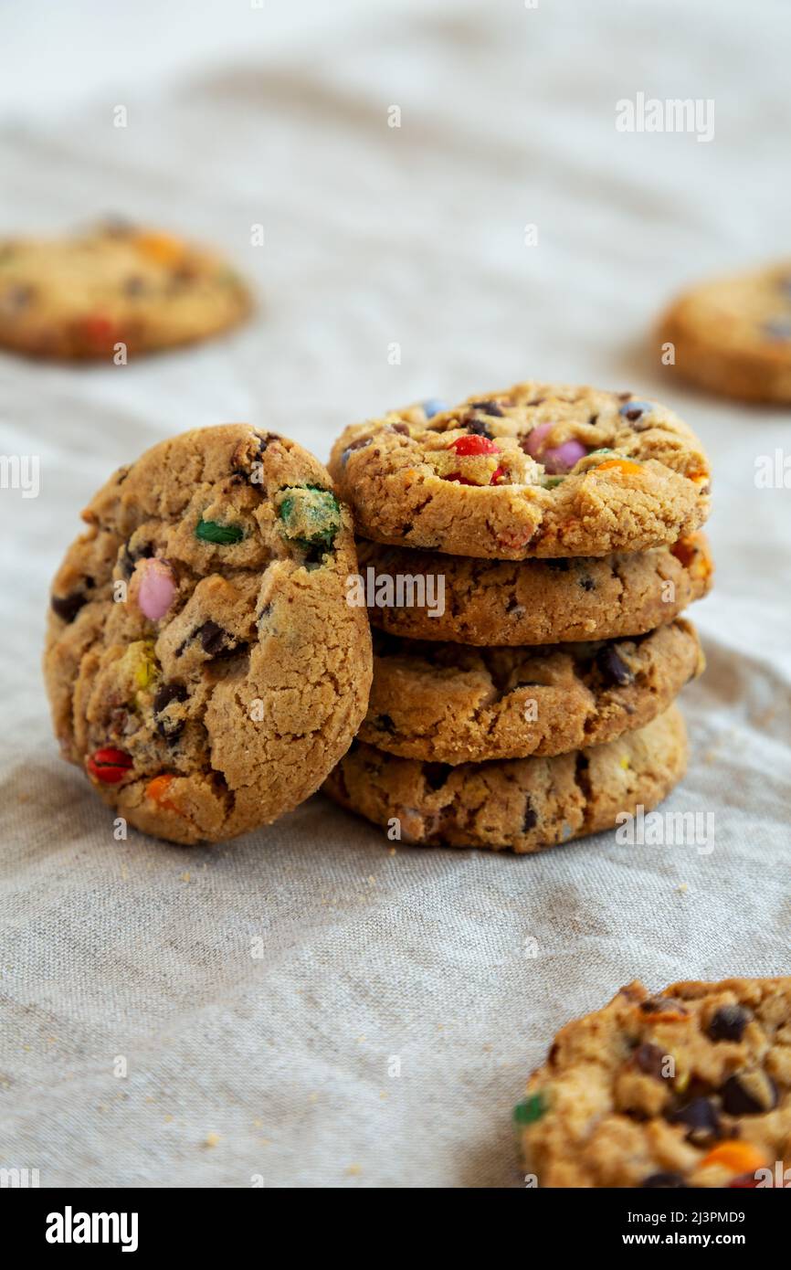 Homemade Chocolate Chip Candy Cookies, side view Stock Photo - Alamy