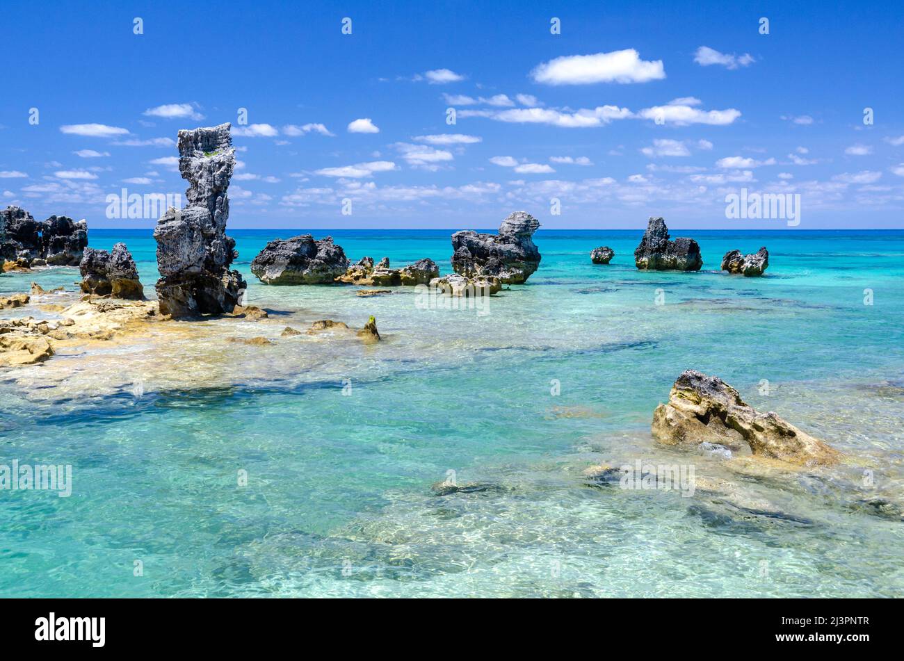 North side shoreline in Bermuda. Beach and rock formation located north ...