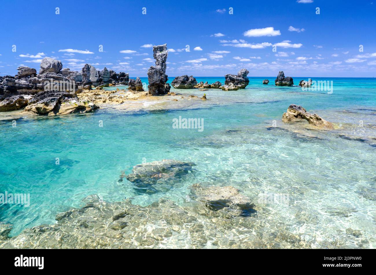 North side shoreline in Bermuda. Beach and rock formation located north ...