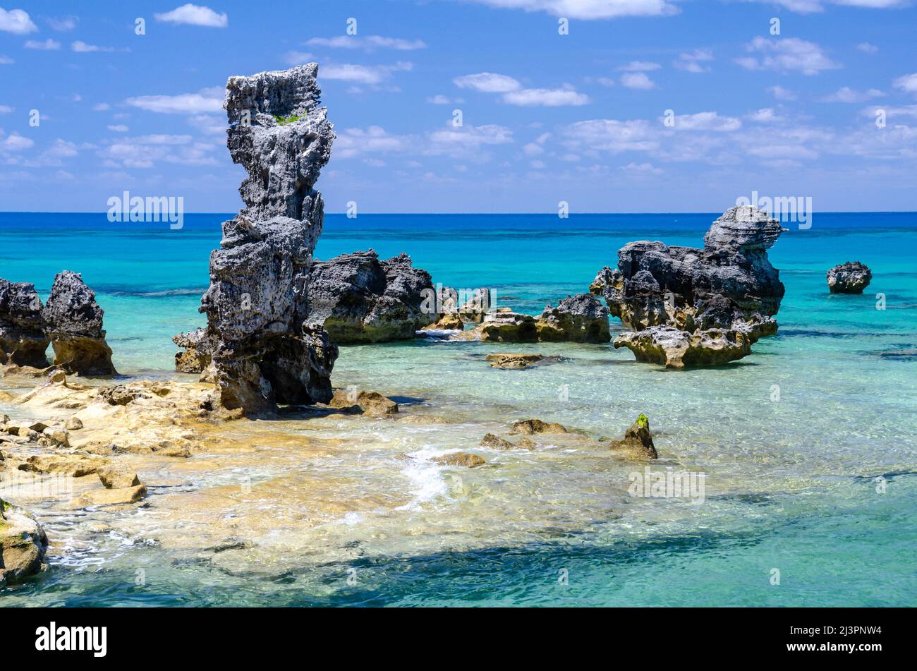 North side shoreline in Bermuda. Beach and rock formation located north ...