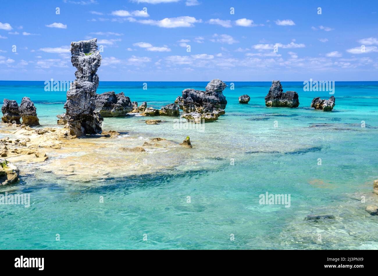 North side shoreline in Bermuda. Beach and rock formation located north ...