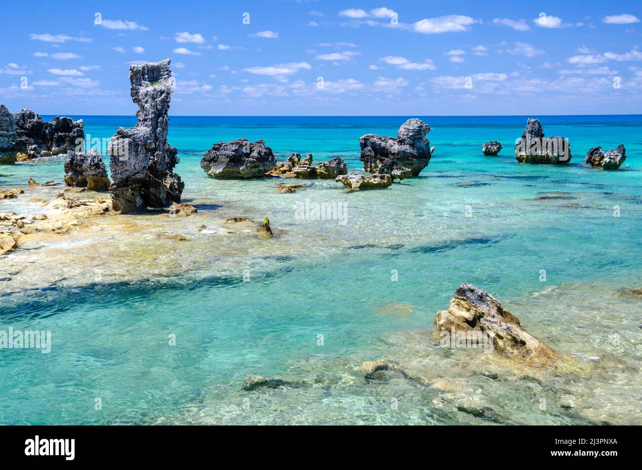 North side shoreline in Bermuda. Beach and rock formation located north ...
