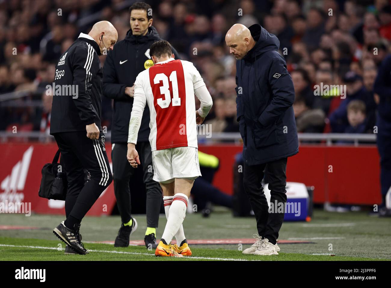 AMSTERDAM - (lr) Nico Tagliafico of Ajax, Ajax coach Erik ten Hag during the Dutch Eredivisie ...