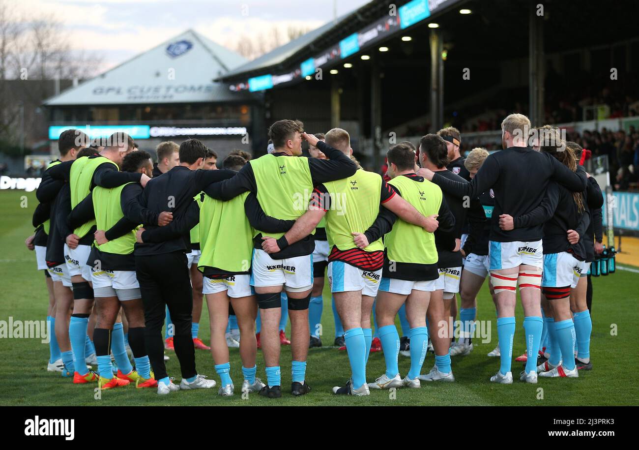 Gloucester Rugby players in a group huddle before the EPCR Challenge ...