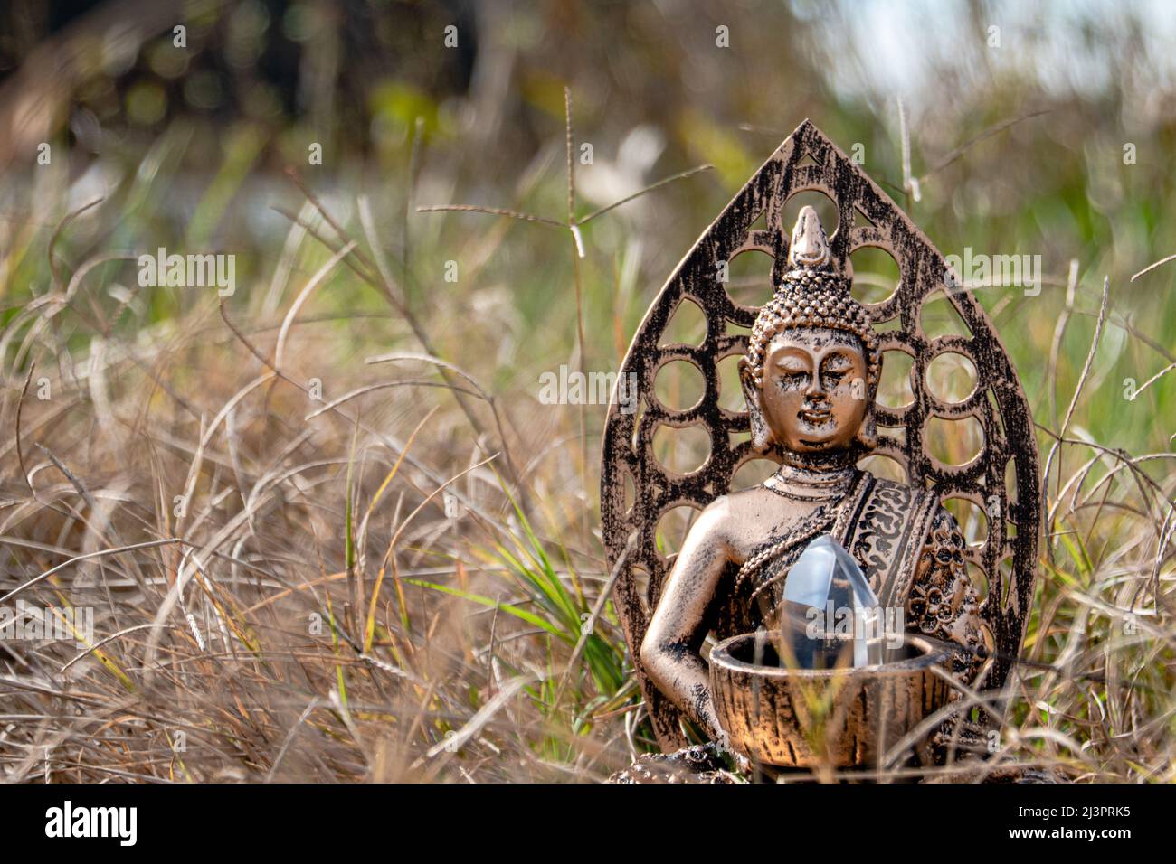 Buddha craft in meditative posture with a gem in the grass Stock Photo ...
