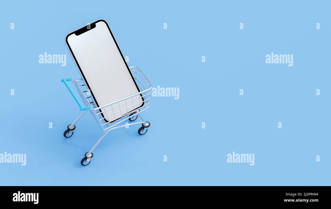Mobile phone in shopping cart isolated on blue background. Provide home ...