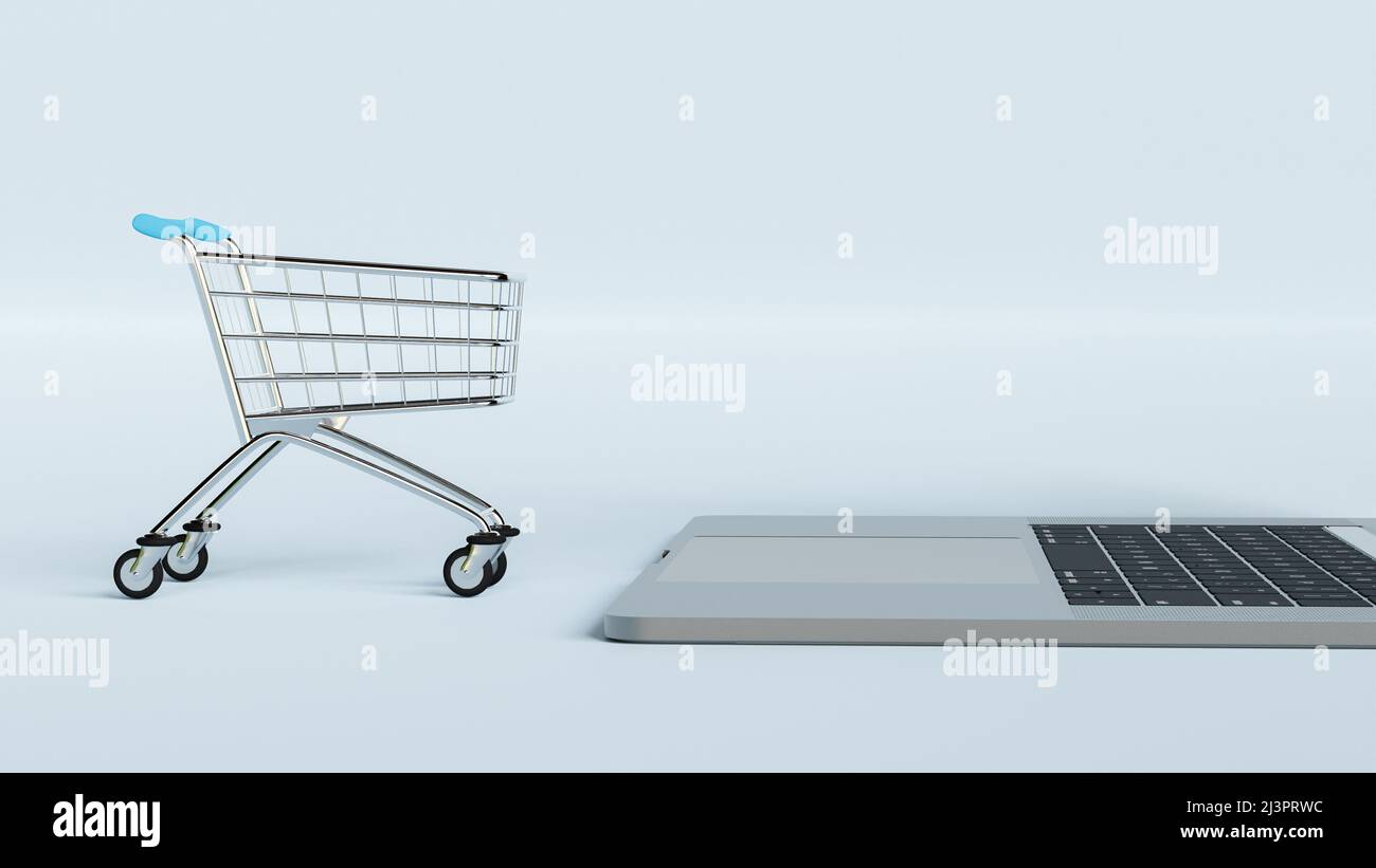 Online shopping. Laptop keyboard with supermarket trolley isolated on ...