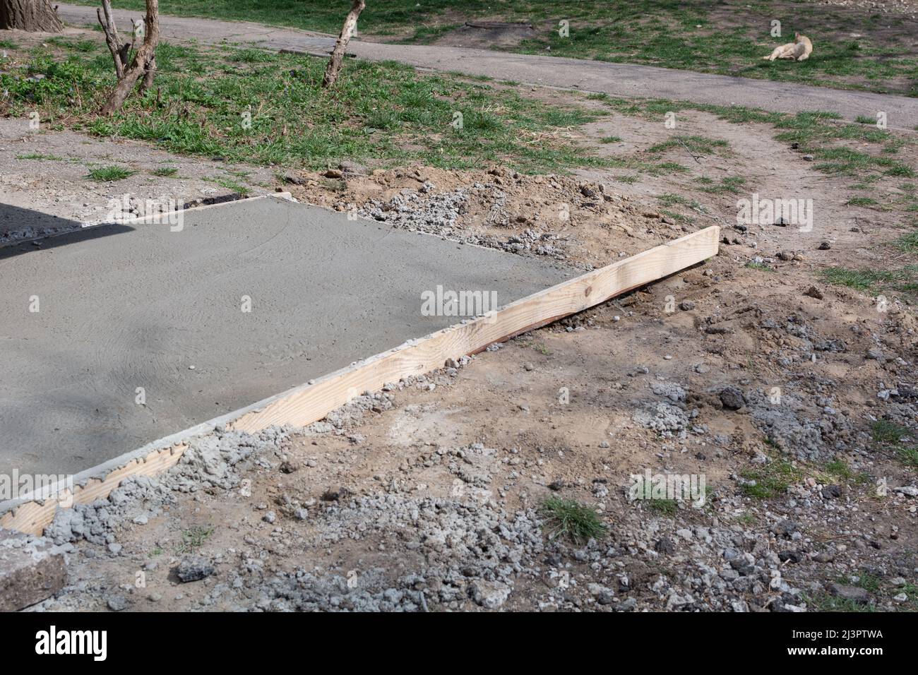 Foundation formwork filled with cement. The process of building the ...