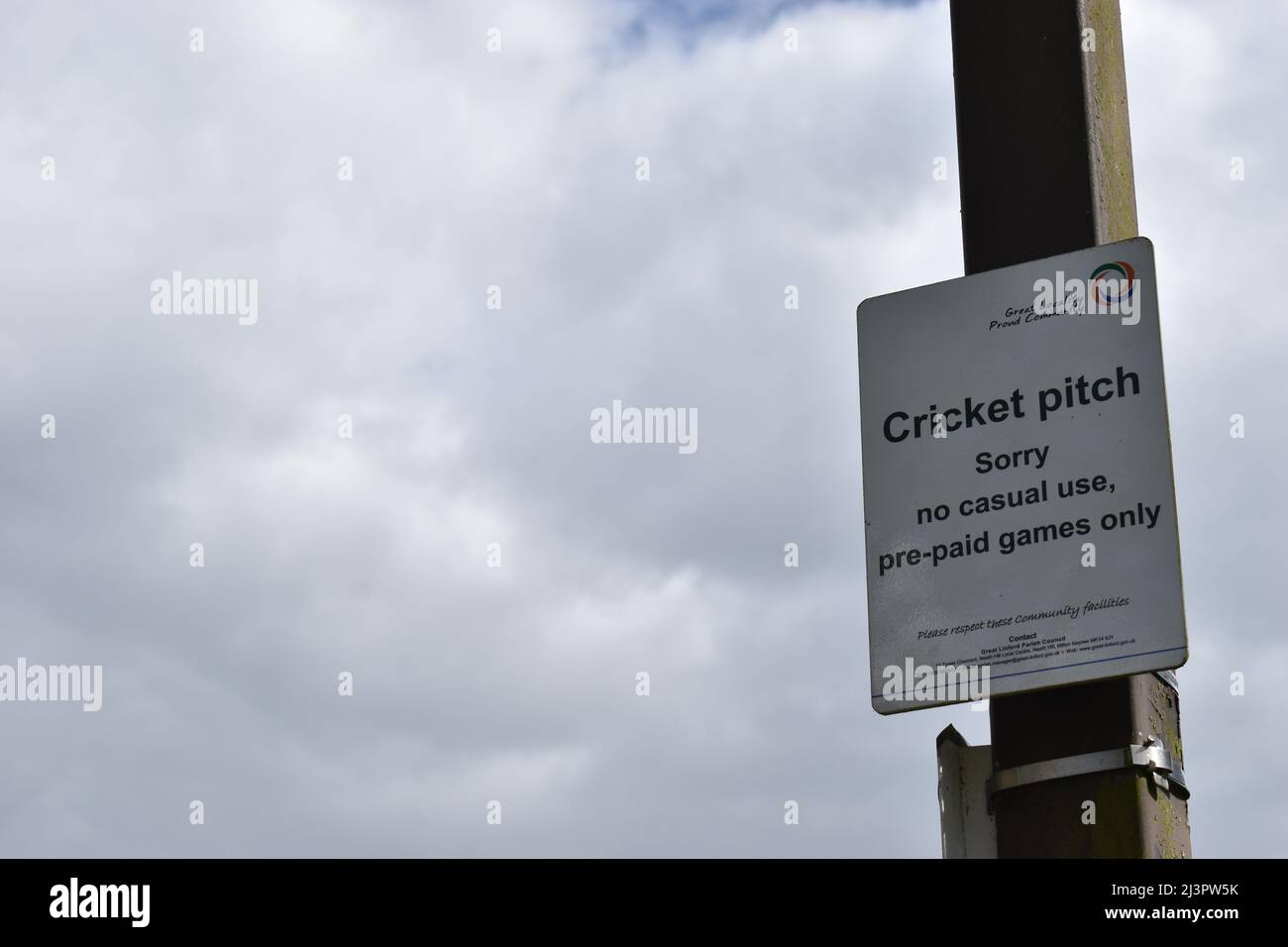 Sign at a cricket pitch with copyspace: "Cricket pitch. Sorry no casual ...