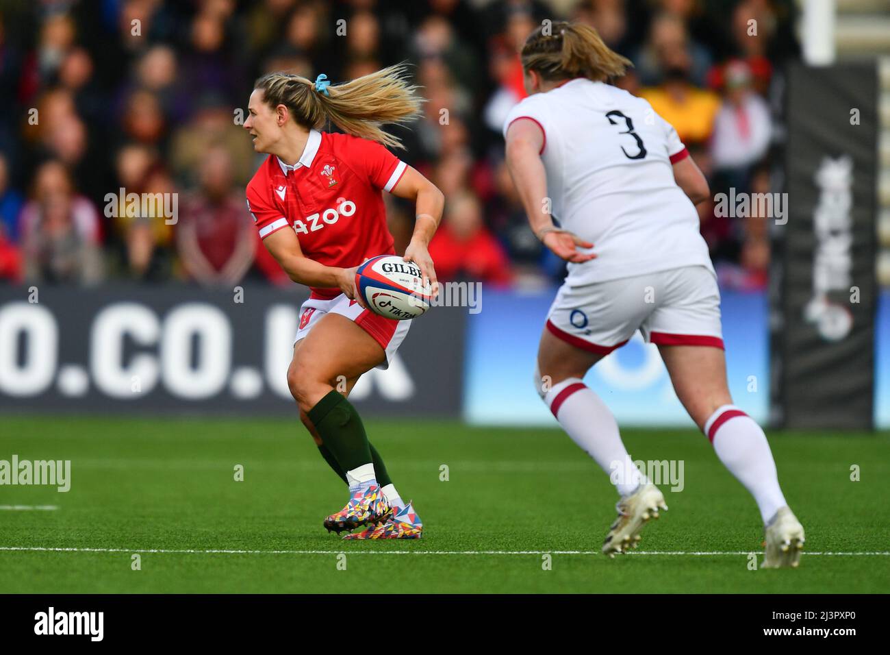 Kerin Lake of Wales Women looks for a pass during the Womens 6 Nations ...