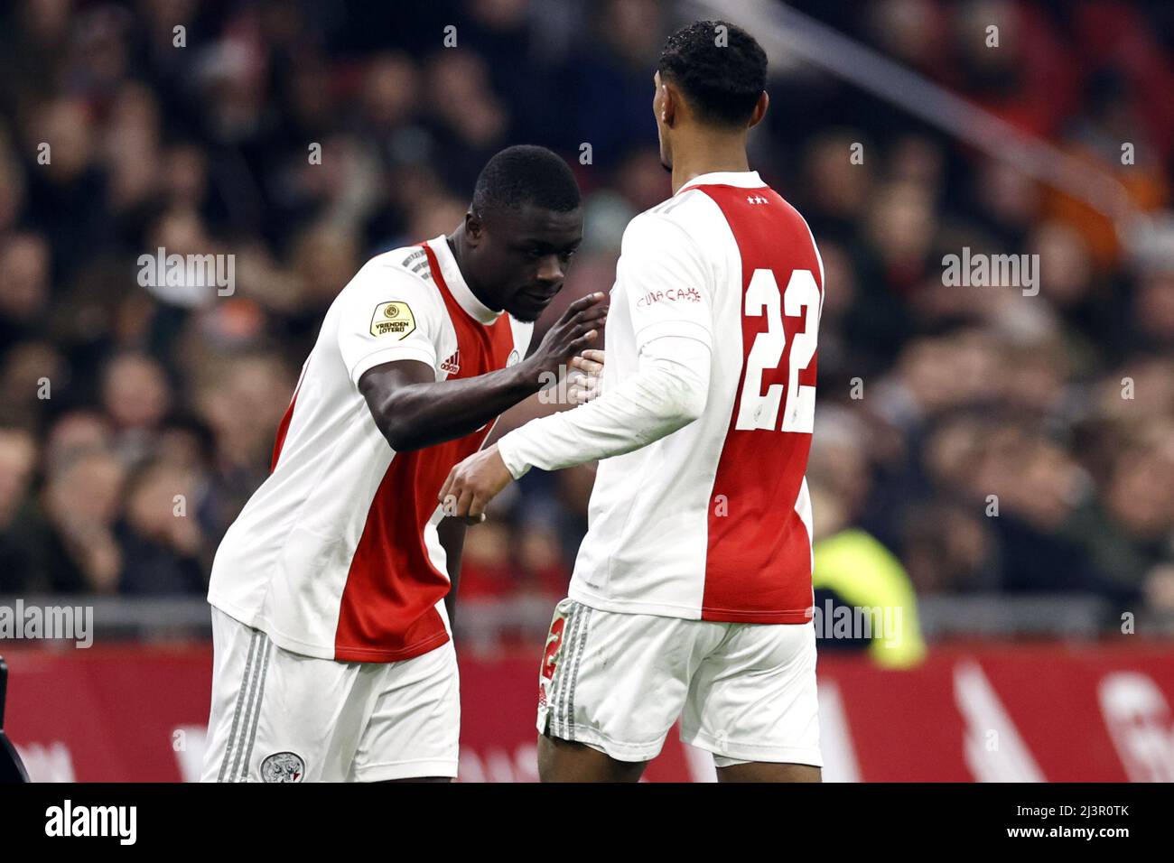 AMSTERDAM - (lr) Brian Brobbey of Ajax, Sebastien Haller of Ajax during ...