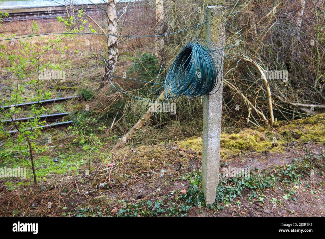 on a concrete fence post hangs a roll of winding wire Stock Photo - Alamy