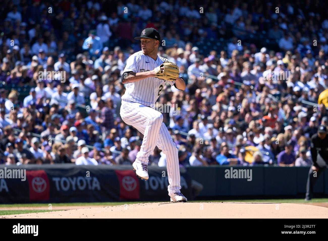 Denver CO, USA. 8th Apr, 2022. Los Angele pitcher Kyle Freeman (21 ...
