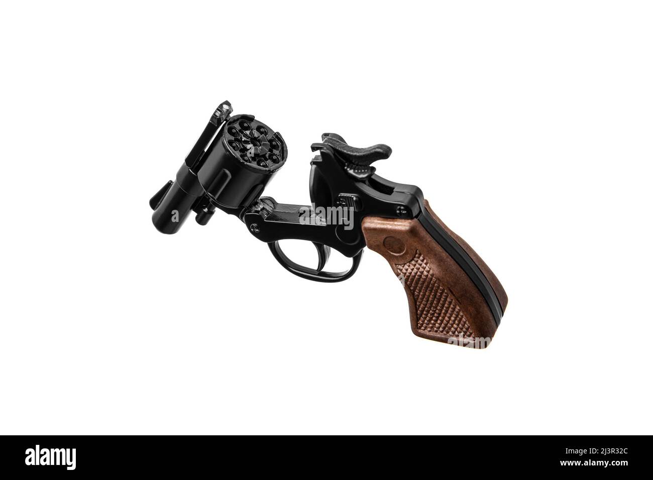 Toy gun revolver. Black pistol with brown handle. Isolate on white ...
