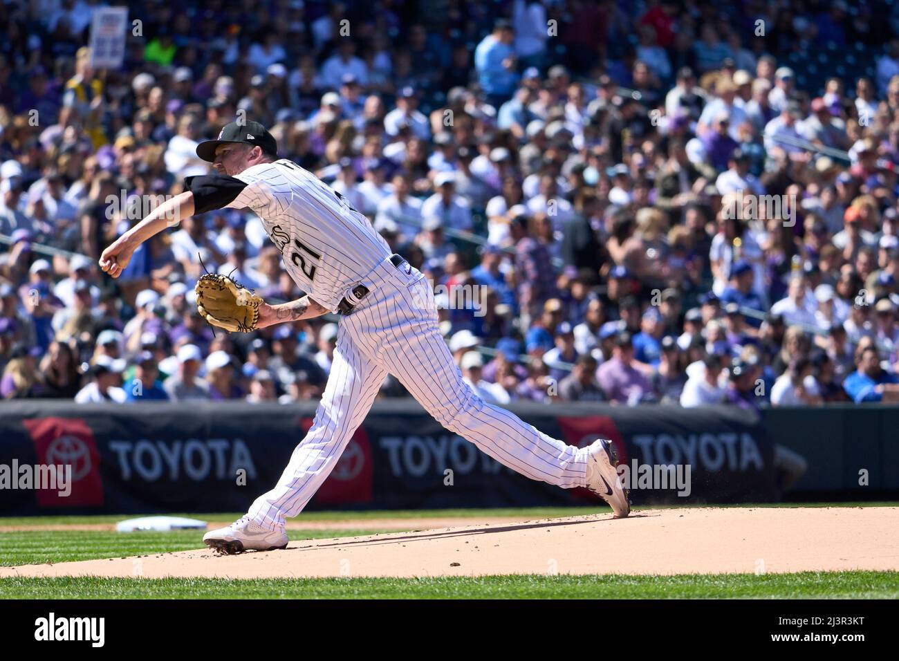 Denver CO, USA. 8th Apr, 2022. Los Angele pitcher Kyle Freeman (21 ...