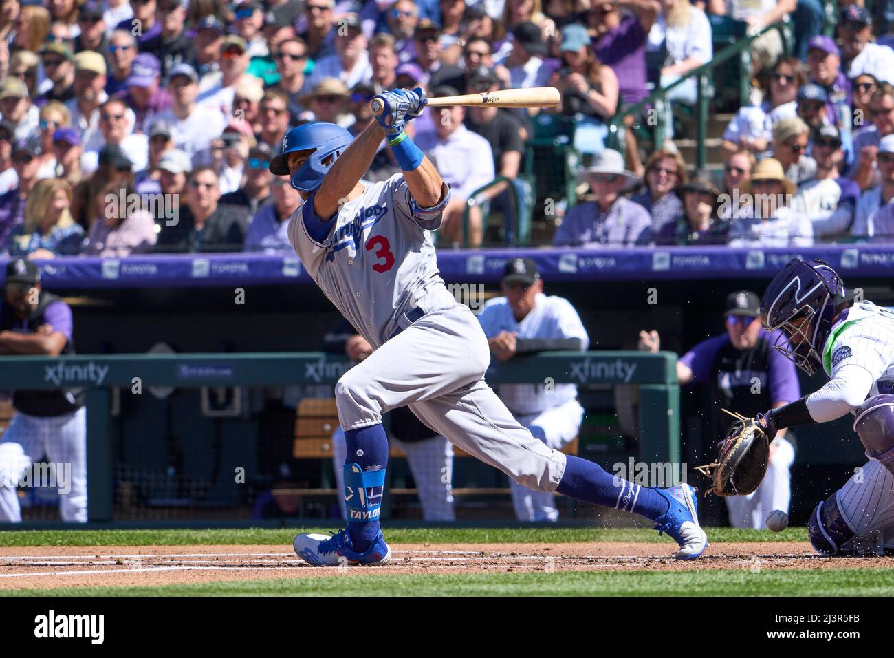 Denver CO, USA. 8th Apr, 2022. Los Angeles left fielder Chris Taylor (3 ...