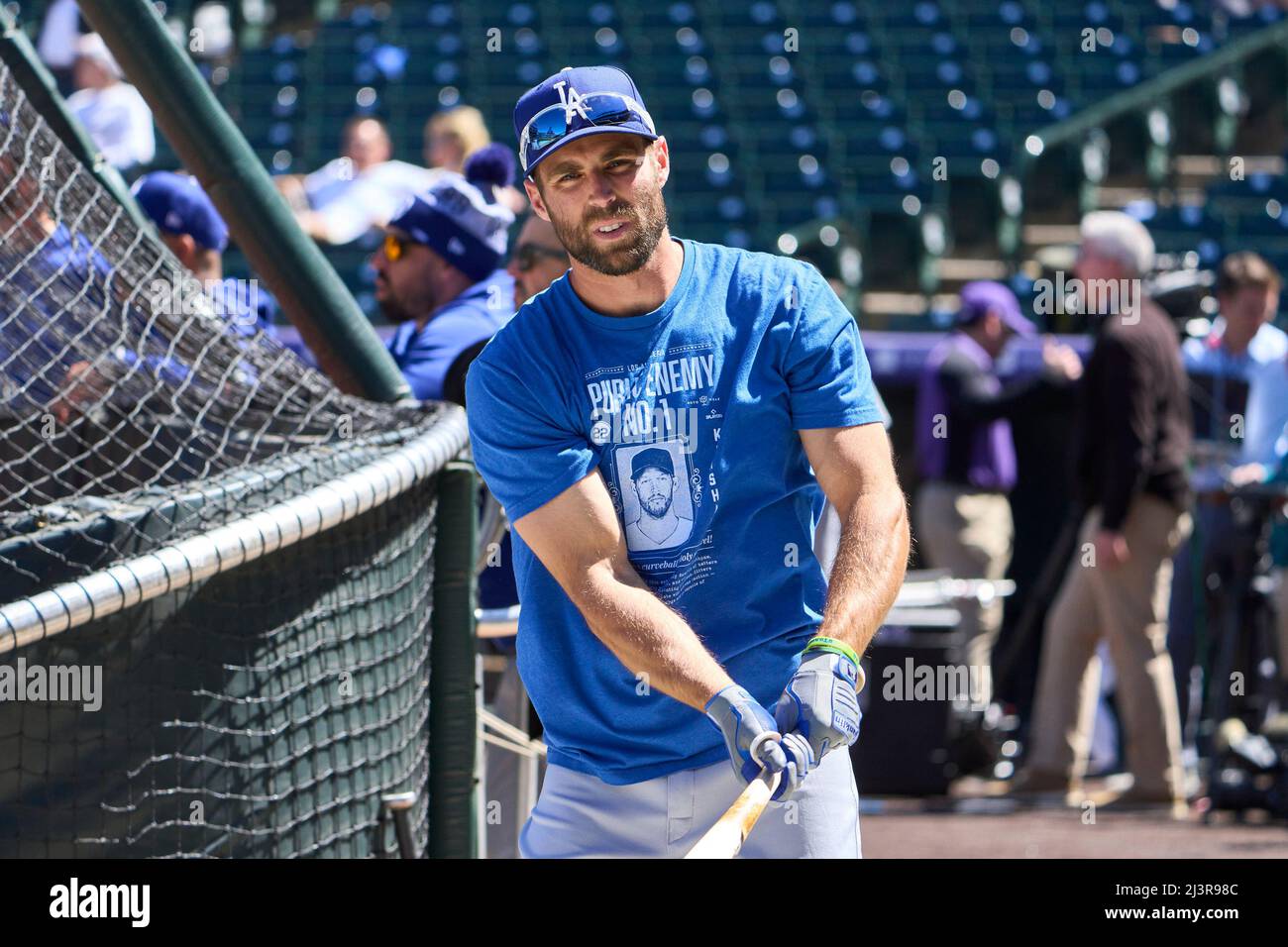 Denver CO, USA. 8th Apr, 2022. Los Angele left fielder Chris Taylor (3 ...