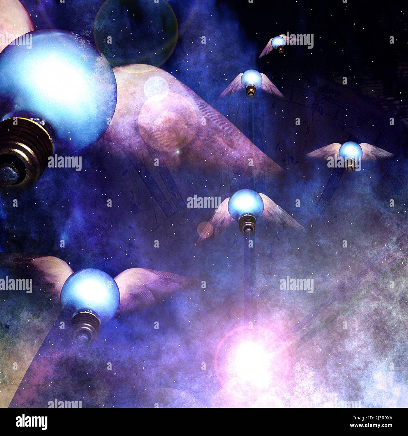 Winged ideas. Light bulbs with wings. 3D rendering Stock Photo - Alamy
