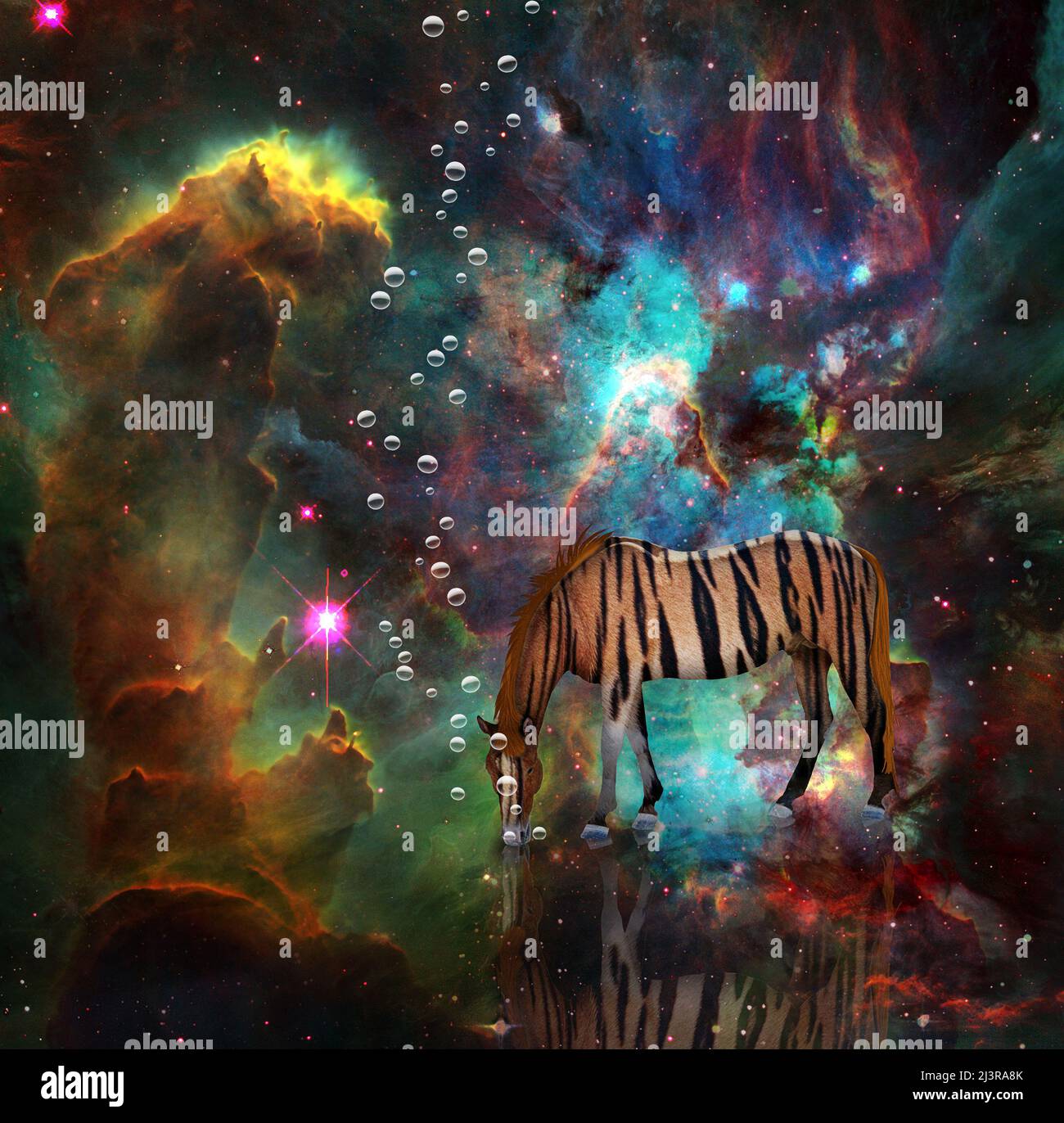 Modern surreal art. Tiger horse in vivid space. 3D rendering Stock ...