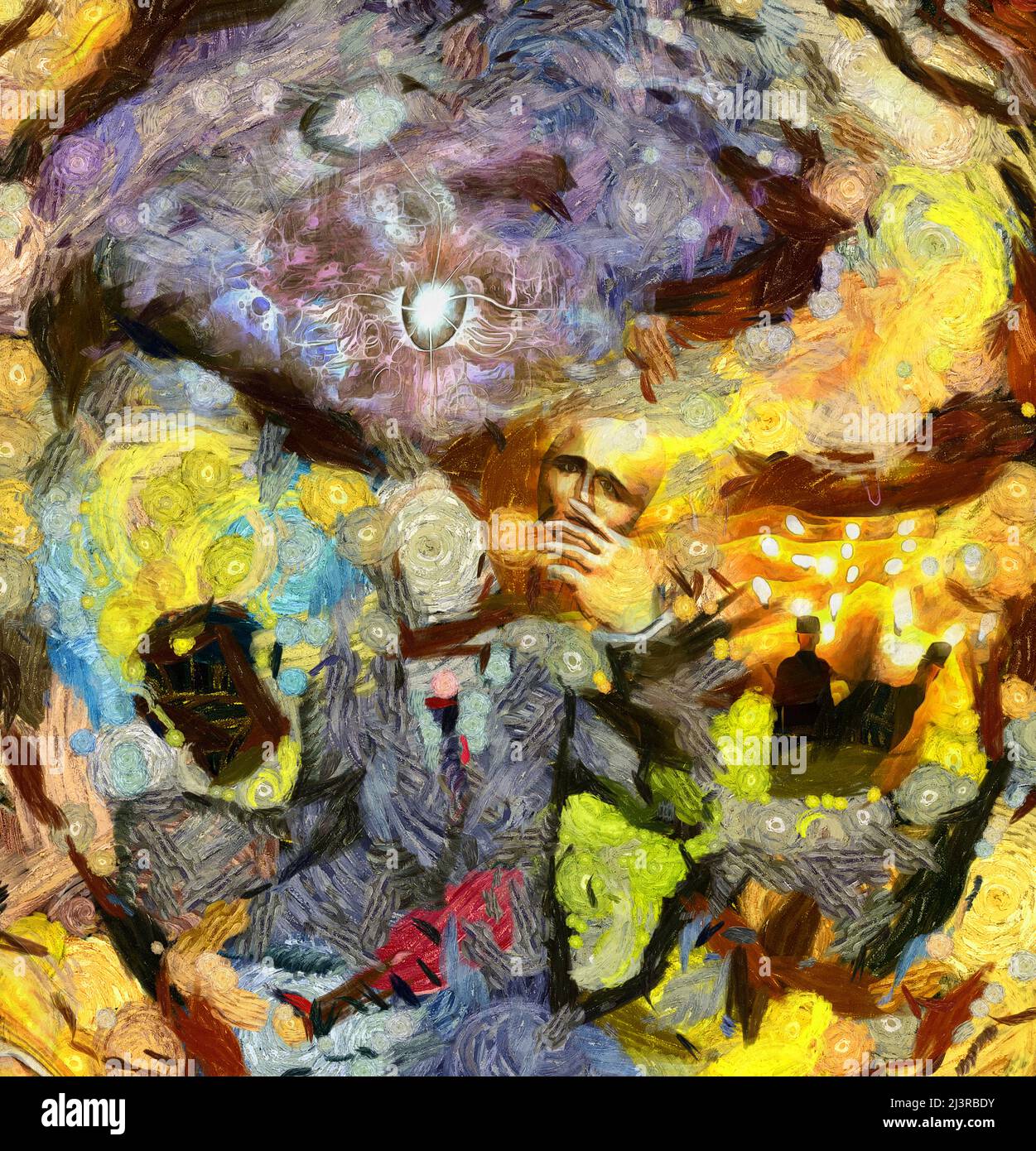 Surreal Symbolic Abstract of man removing face and large eye observing ...