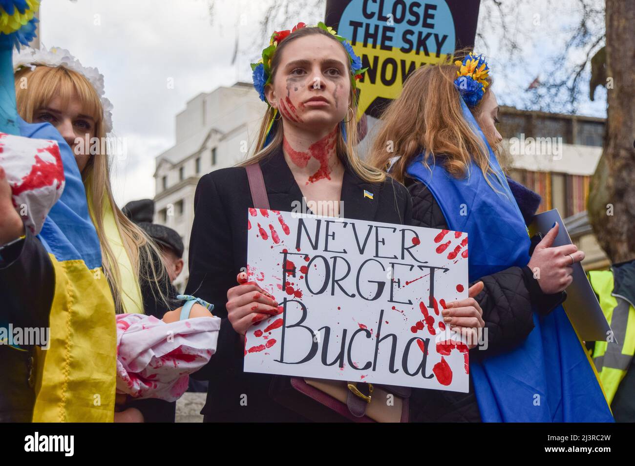 London, England, UK. 9th Apr, 2022. A protester holds a sign which ...