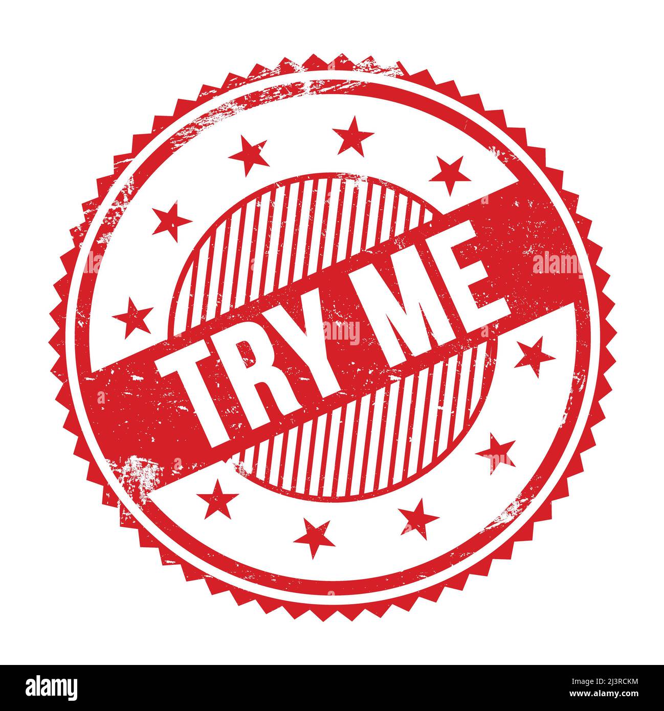 TRY ME text written on red grungy zig zag borders round stamp Stock ...
